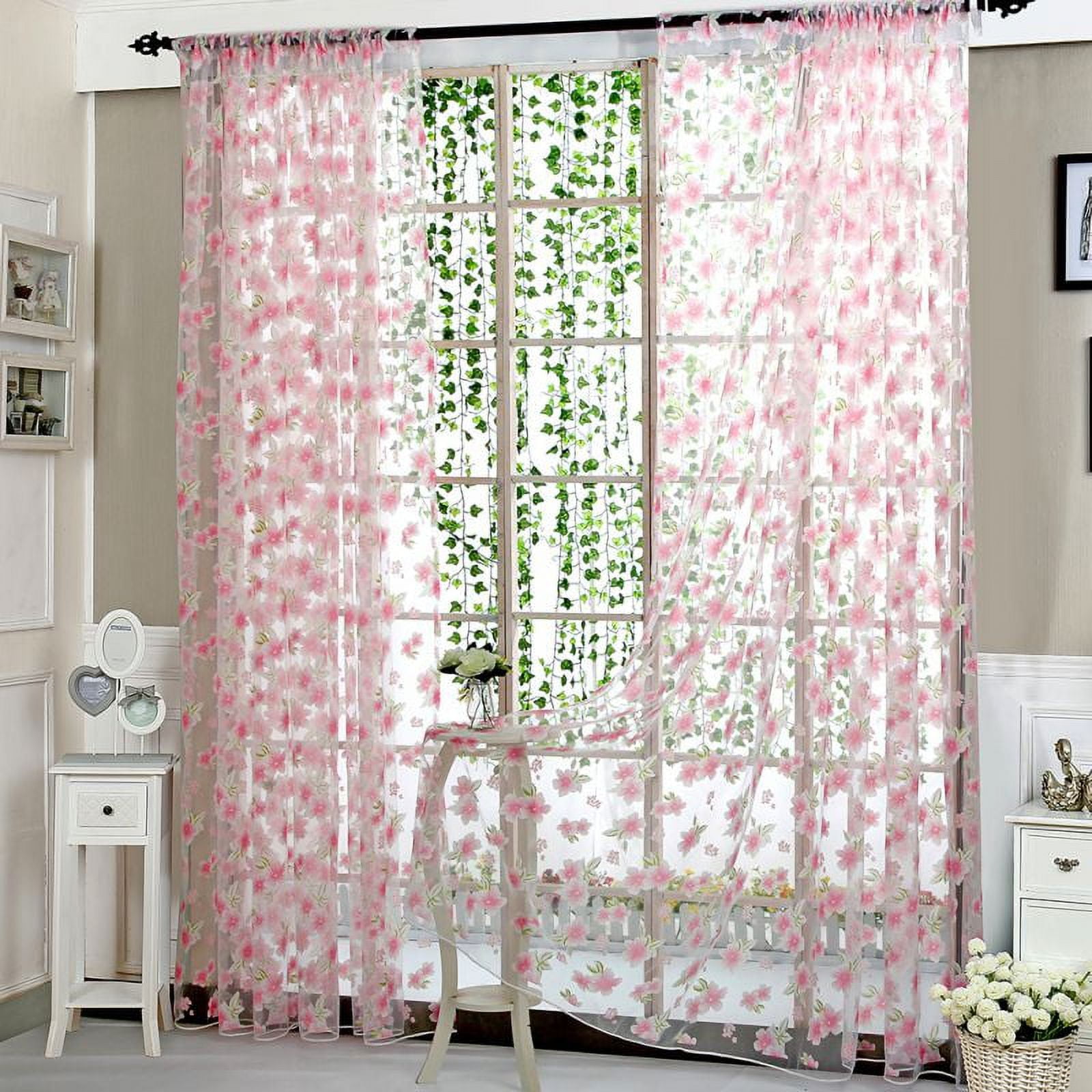 Floral Sheer Curtains for Grils Bedroom , Flower Print Voile Tulle ...