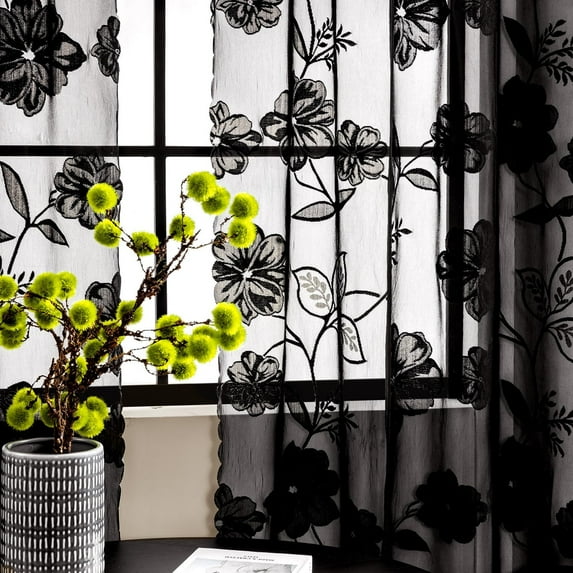 Floral Sheer Lace Curtains Black - Vintage Rose Embroidered Drapes ...