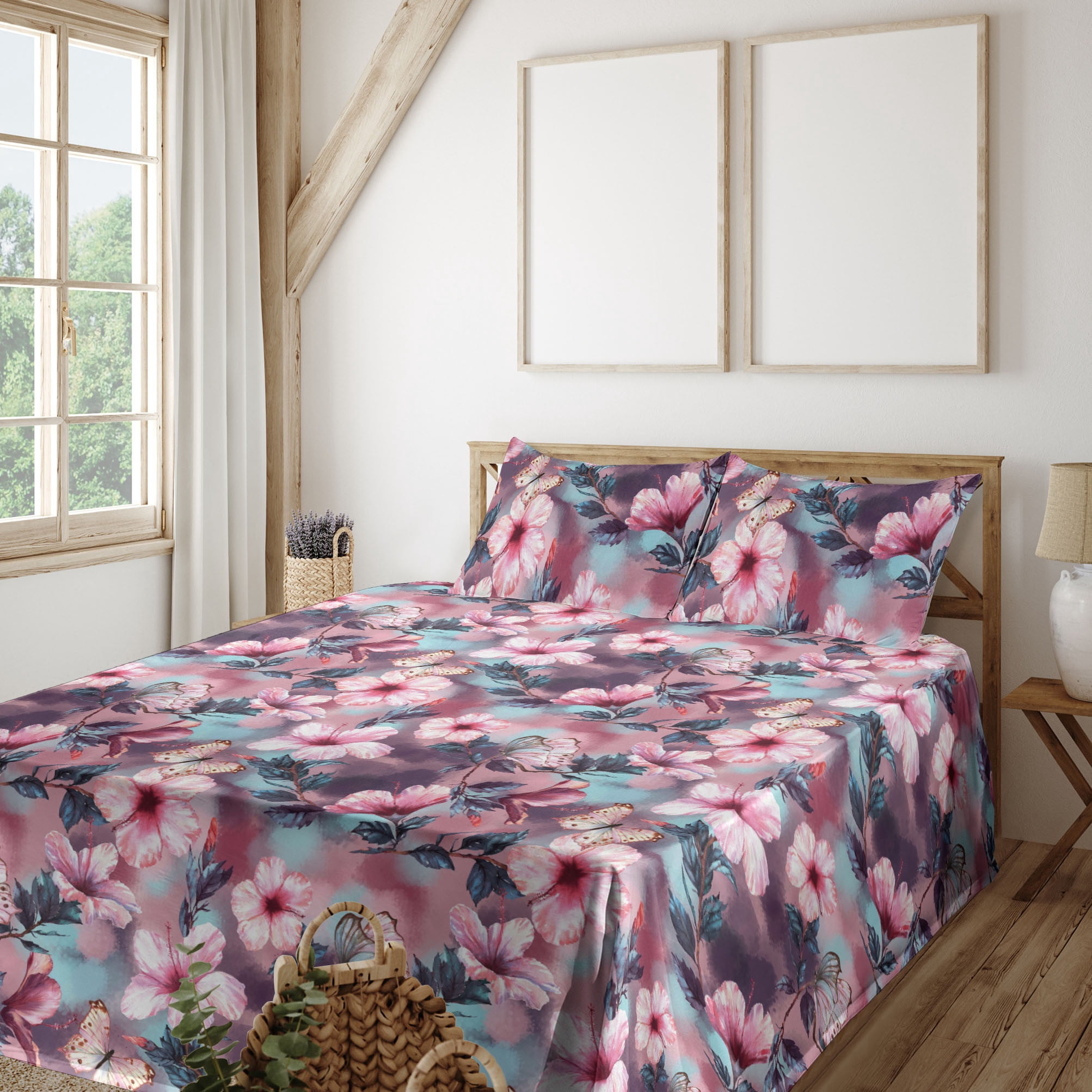 Floral Sheet Set, Exotic Design Hibiscus Flowers and Butterflies on ...