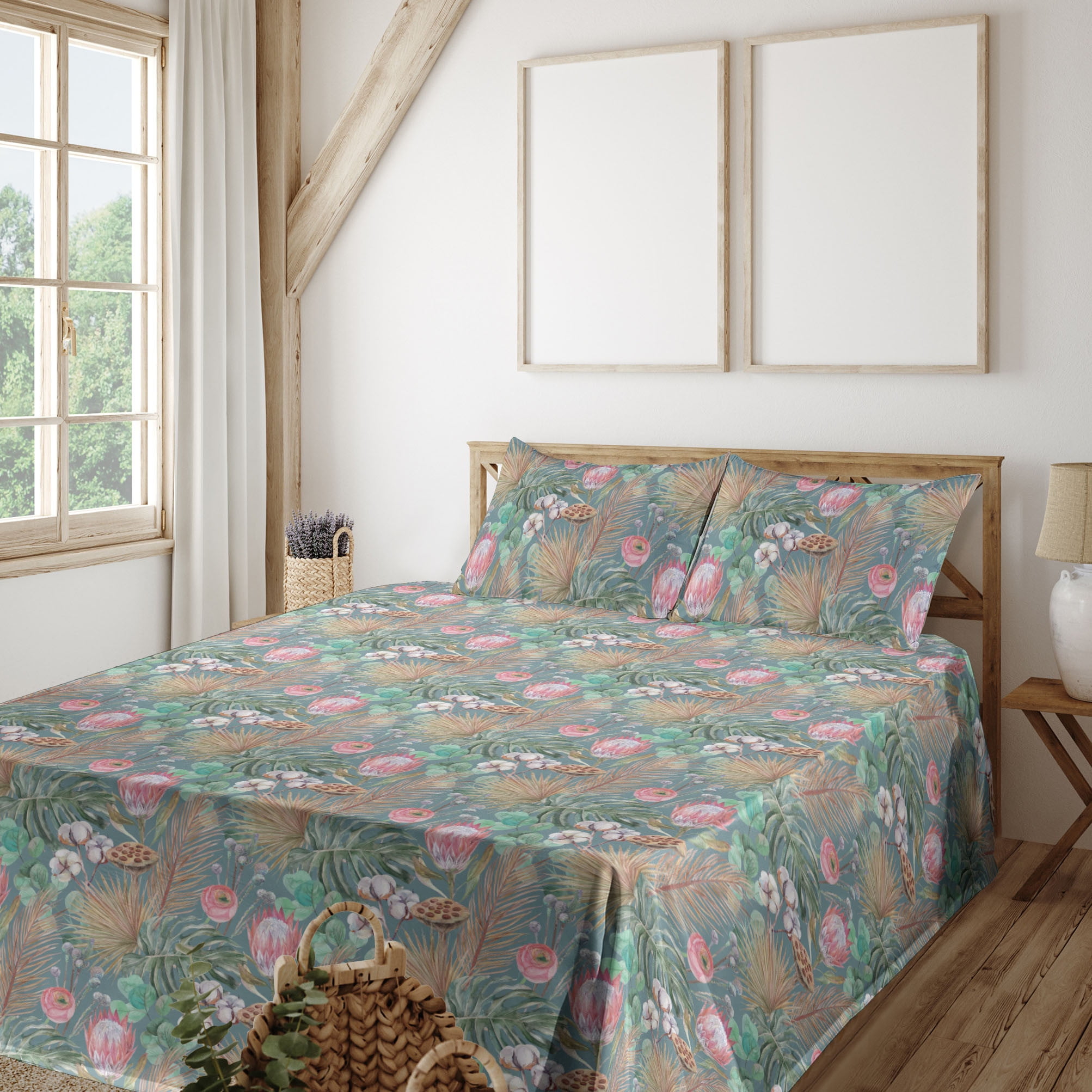Ambesonne Floral Fitted & Flat Sheet with Shams 4 Pcs Set, Exotic Dried ...