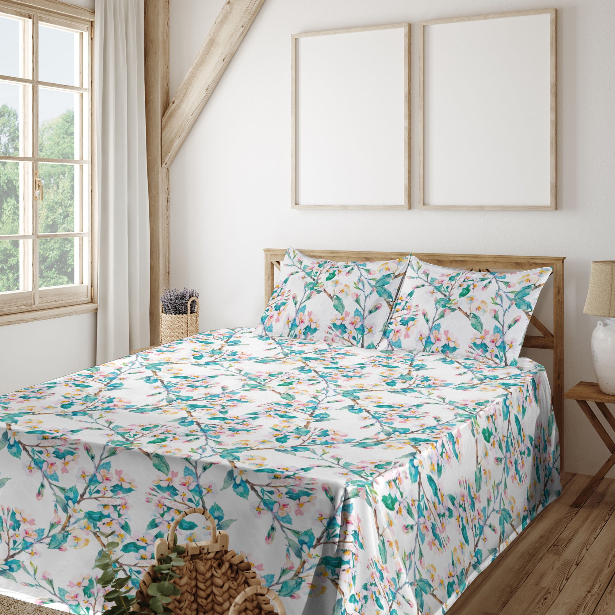 Ambesonne Floral Fitted & Flat Sheet with Sham 3 Pcs Set, Flowering ...