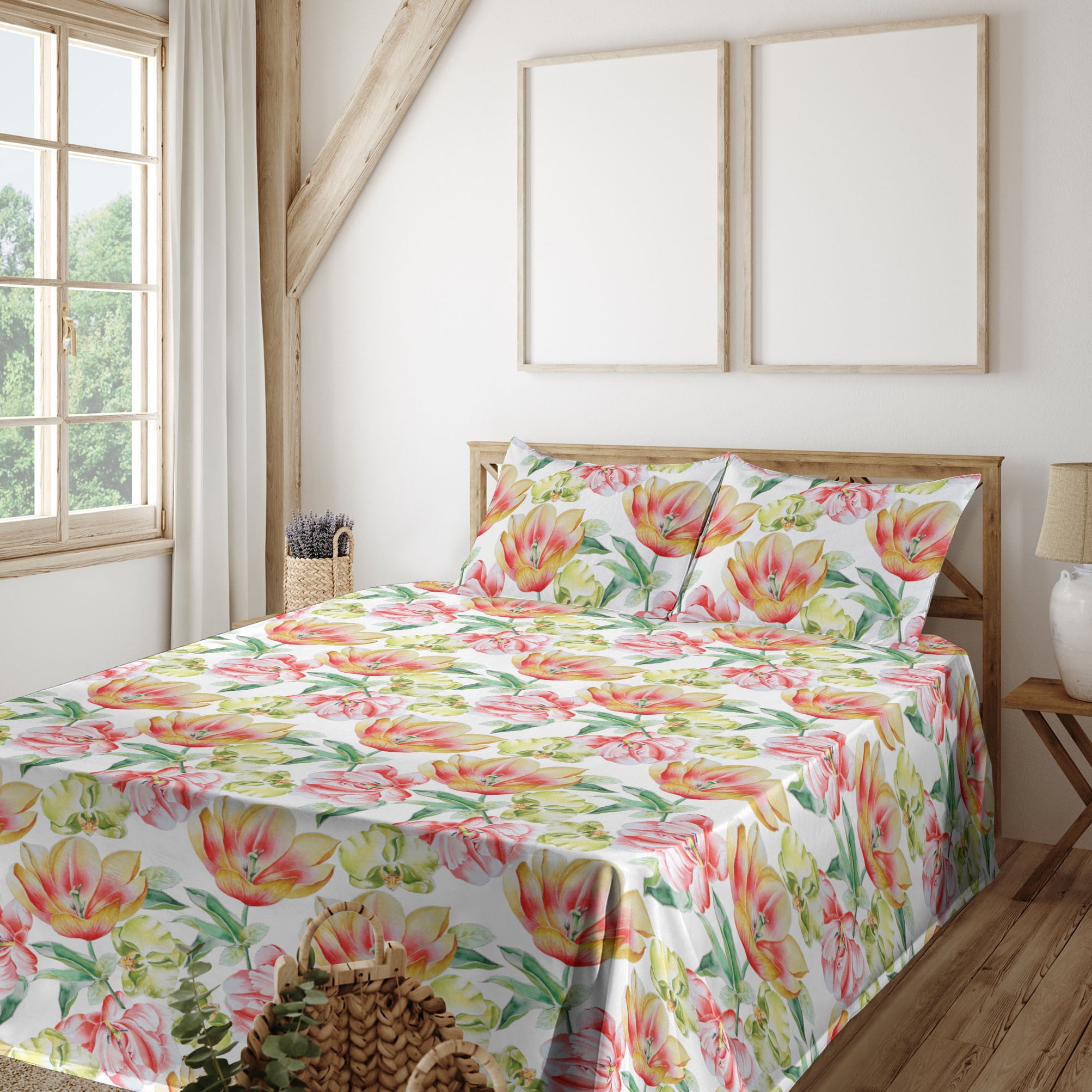 Floral Sheet Set, Hand-Drawn Tulip Orchid Flowers Watercolor Art on ...