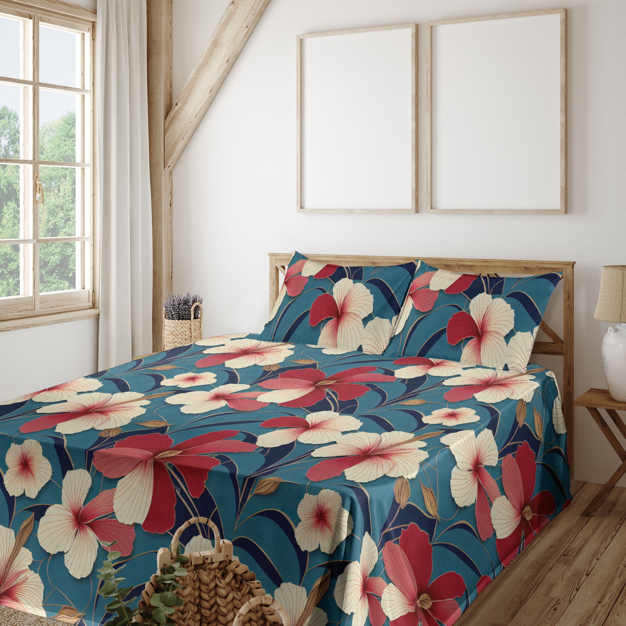 Floral Sheet Set, Hibiscus Flower Tropical Leaves Jungle Hawaiian Art ...