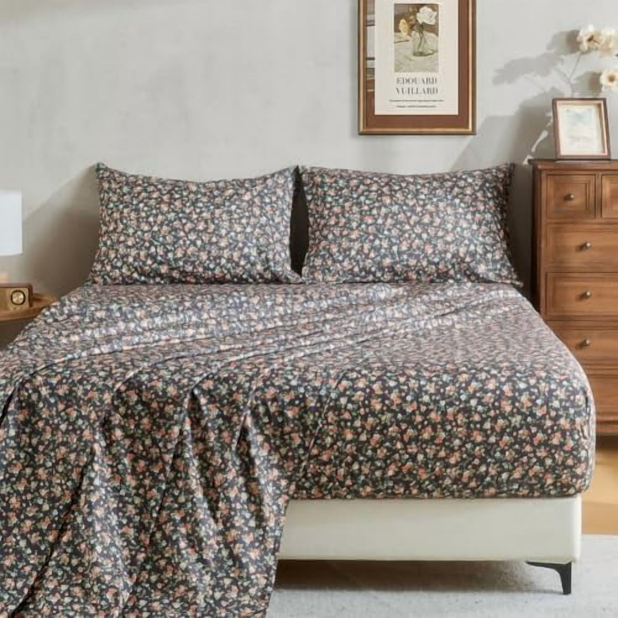 Floral Sheets Queen Size, Deep Pocket Sheets Black Soft Breathable ...