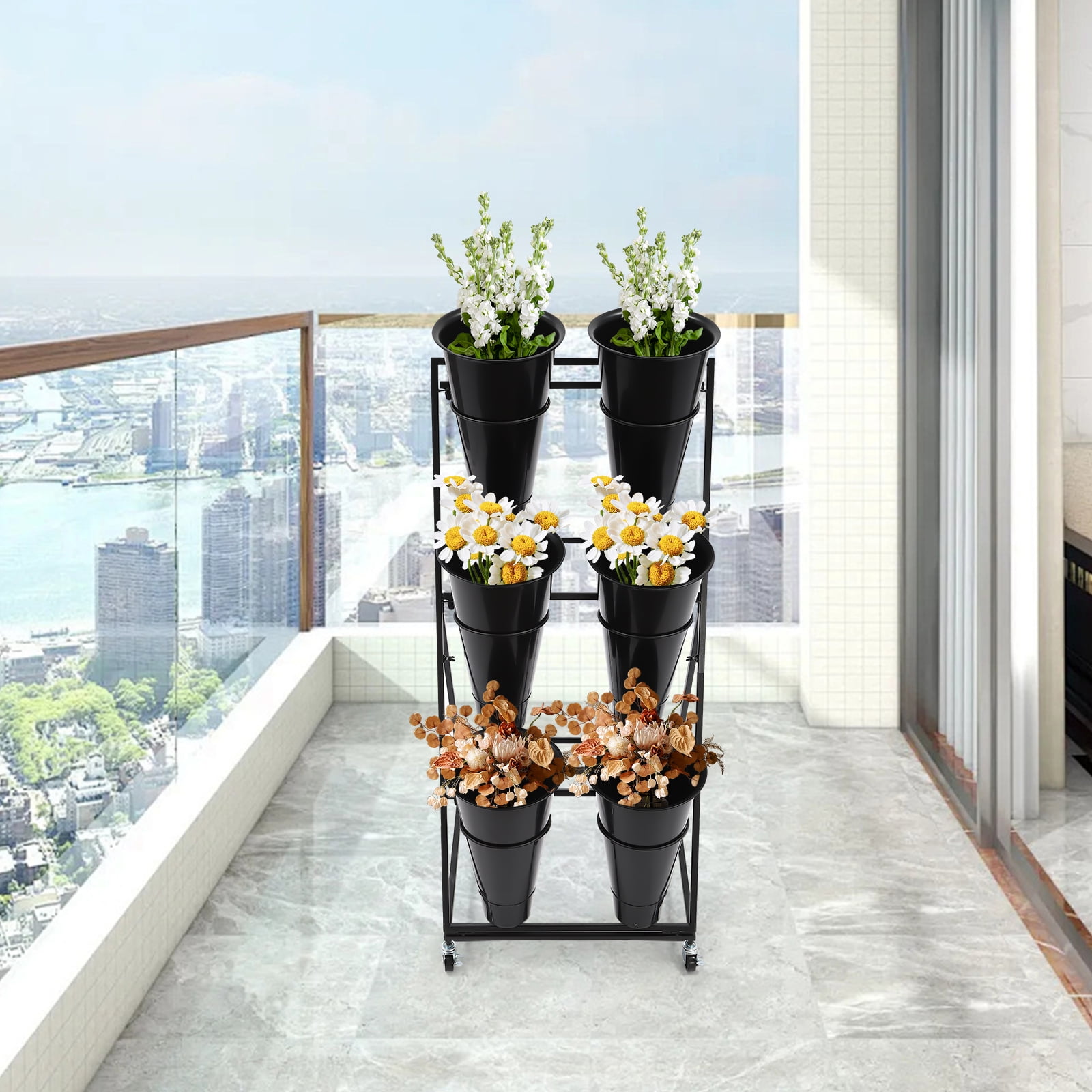 Floral Showcase Elegance, 3-Tier Iron Stand with 6 Black Pots ...