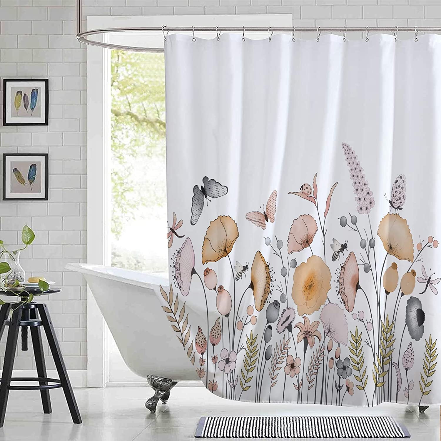 Floral Shower Curtain, Beige Pink Blush Flower Bahmroom Shower Curtains ...