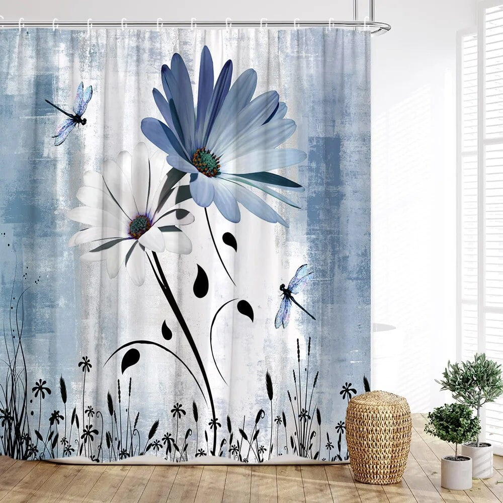 Floral Shower Curtain Farm Daisy Dragonfly Rustic Wood Paneling