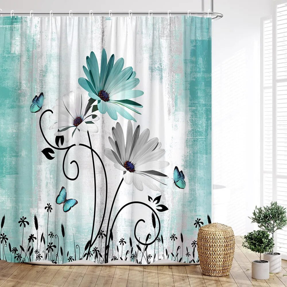 Floral Shower Curtain Farm Daisy Dragonfly Rustic Wood Paneling