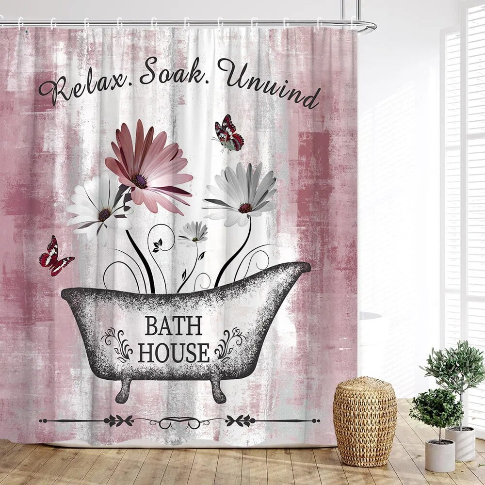 Floral Shower Curtain Farm Daisy Dragonfly Rustic Wood Paneling