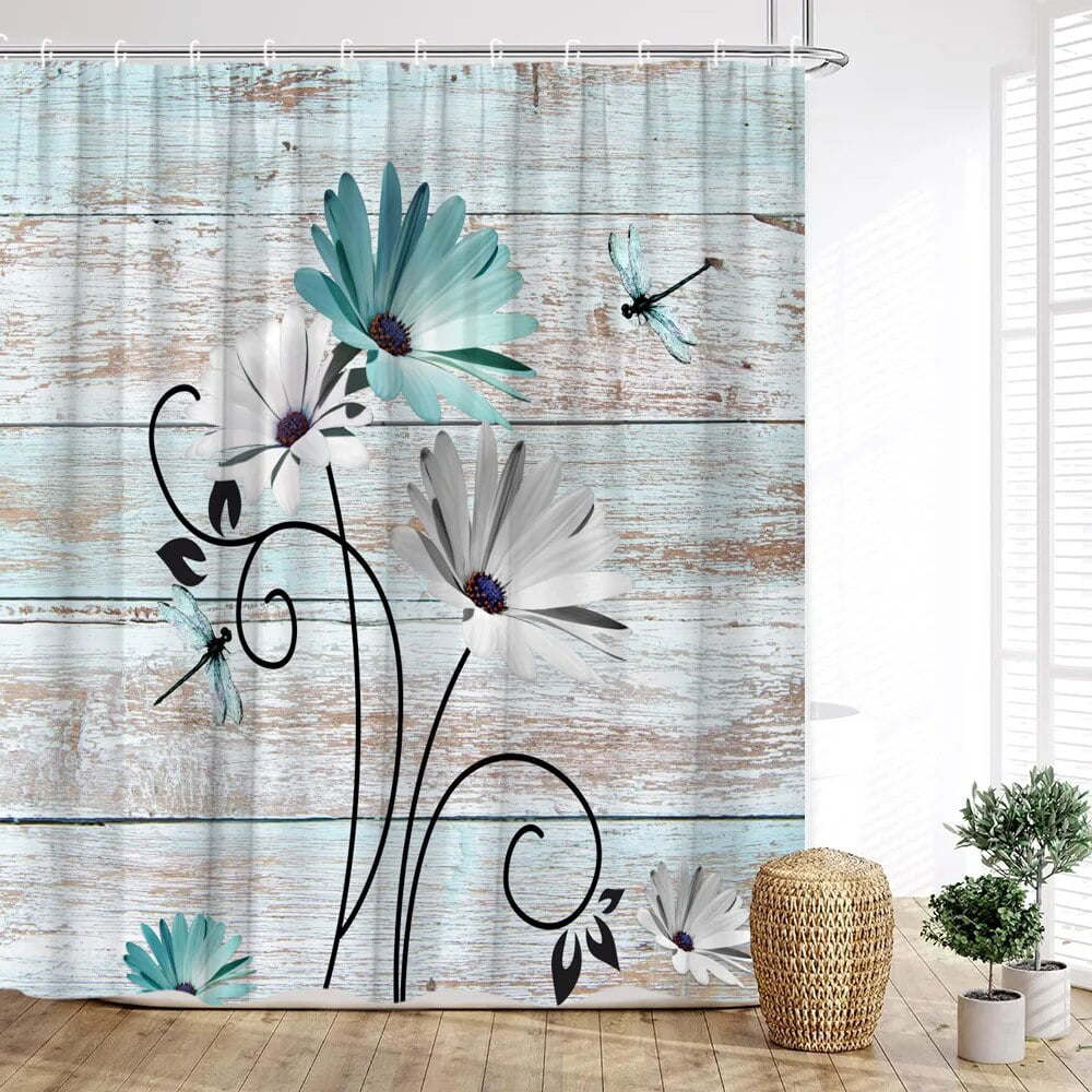Floral Shower Curtain Farm Daisy Dragonfly Rustic Wood Paneling