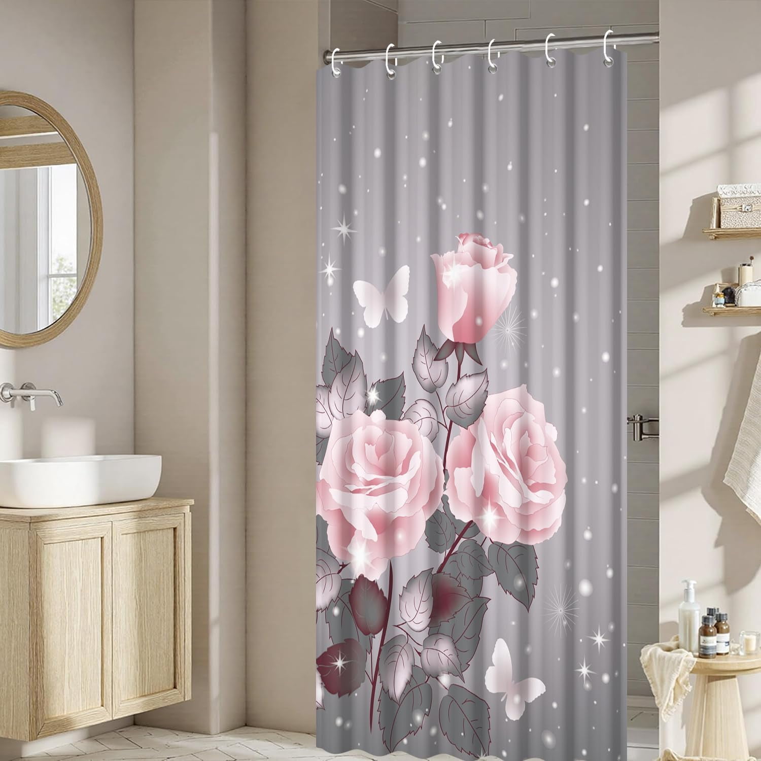 Floral Shower Curtain Pink Rose Stylish Bath Curtain with Printted ...