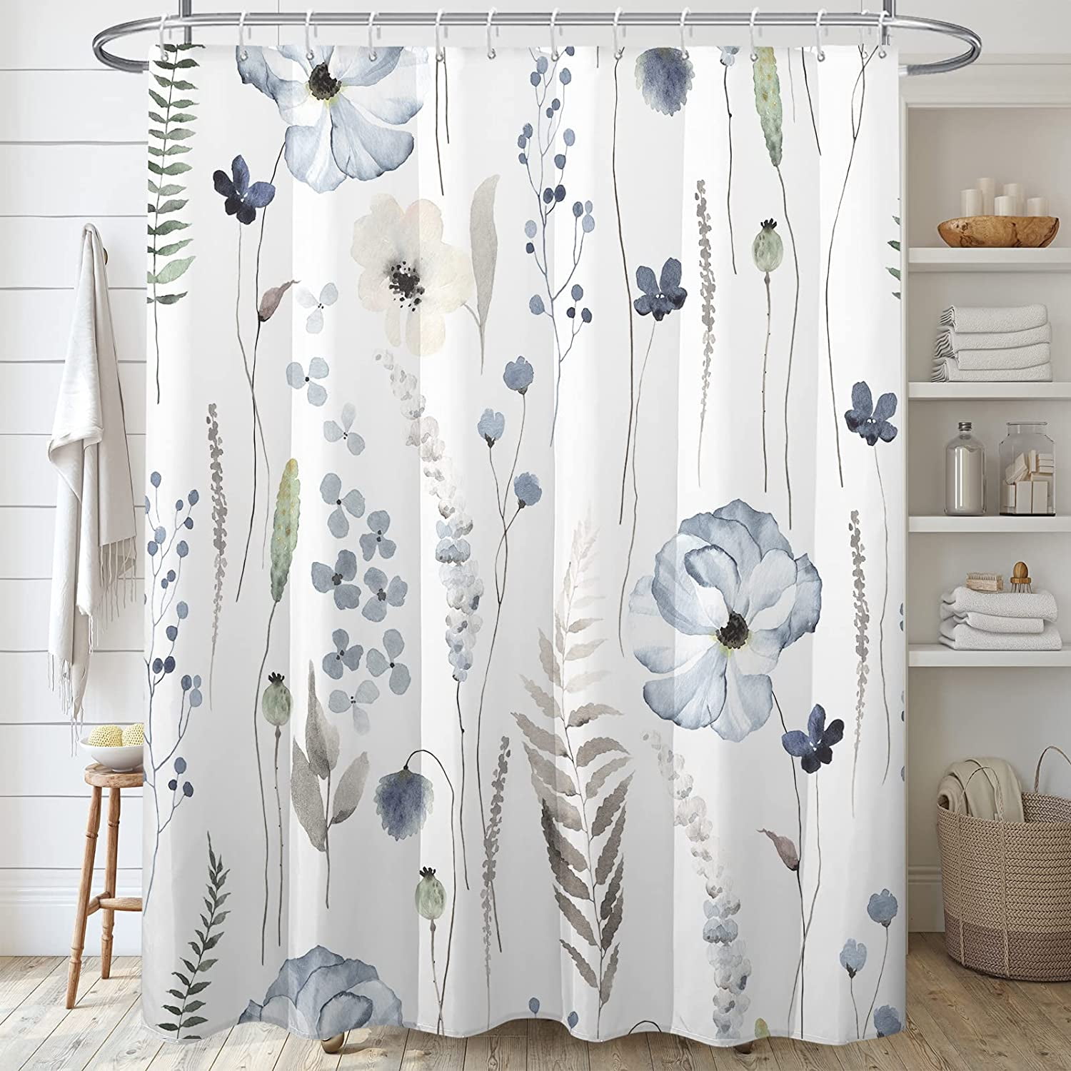 Floral Shower Curtain Set,Blue Beige Poppy Flowers Shower Curtains for ...