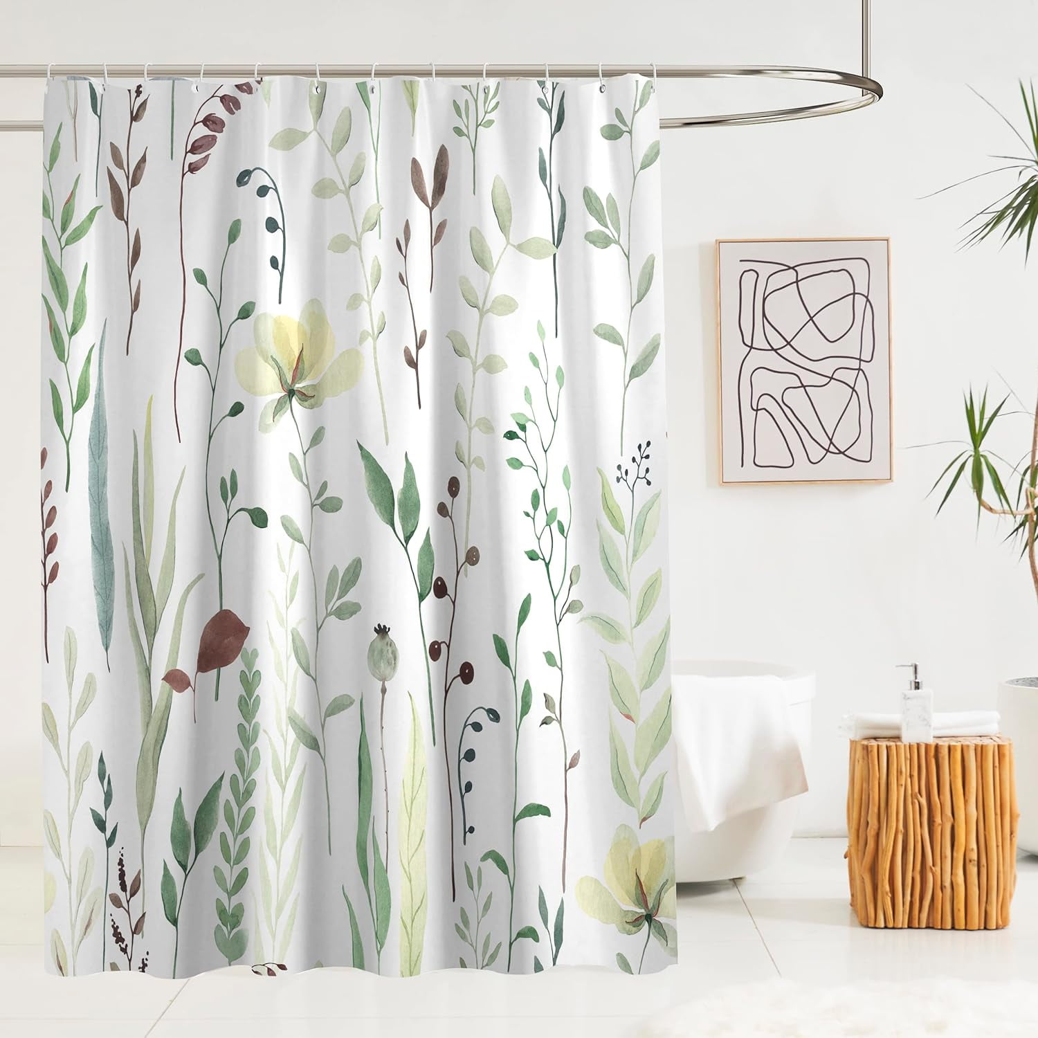 Floral Shower Curtain Sets,Watercolor Plant Leaves with Floral Bathroom ...