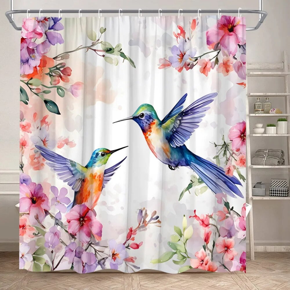 Floral Shower Curtain Spring Botanical Green Leaves Hummingbird