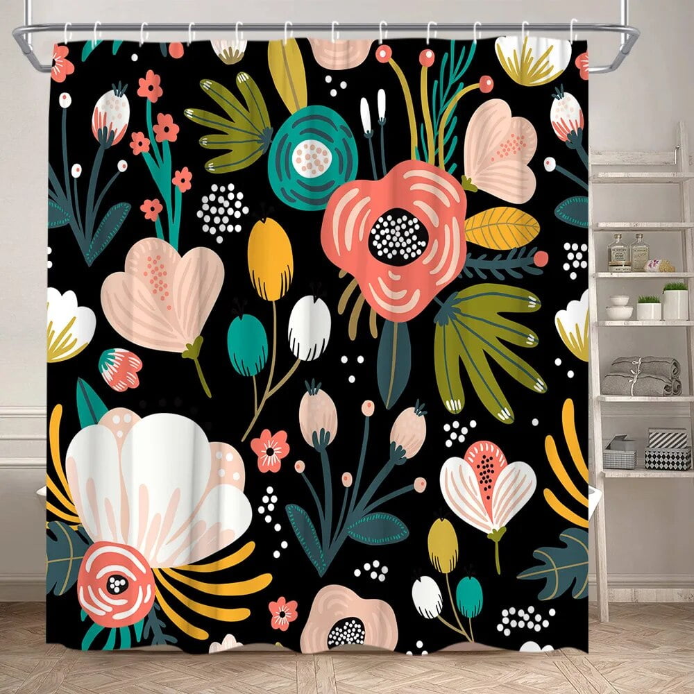 Floral Shower Curtain Spring Botanical Green Leaves Hummingbird