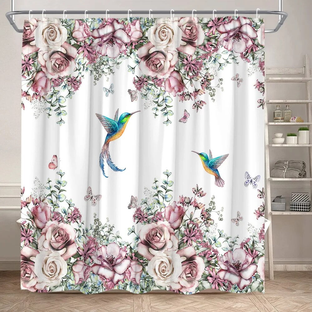 Floral Shower Curtain Spring Botanical Green Leaves Hummingbird