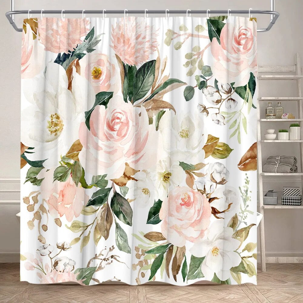 Floral Shower Curtain Spring Botanical Green Leaves Hummingbird