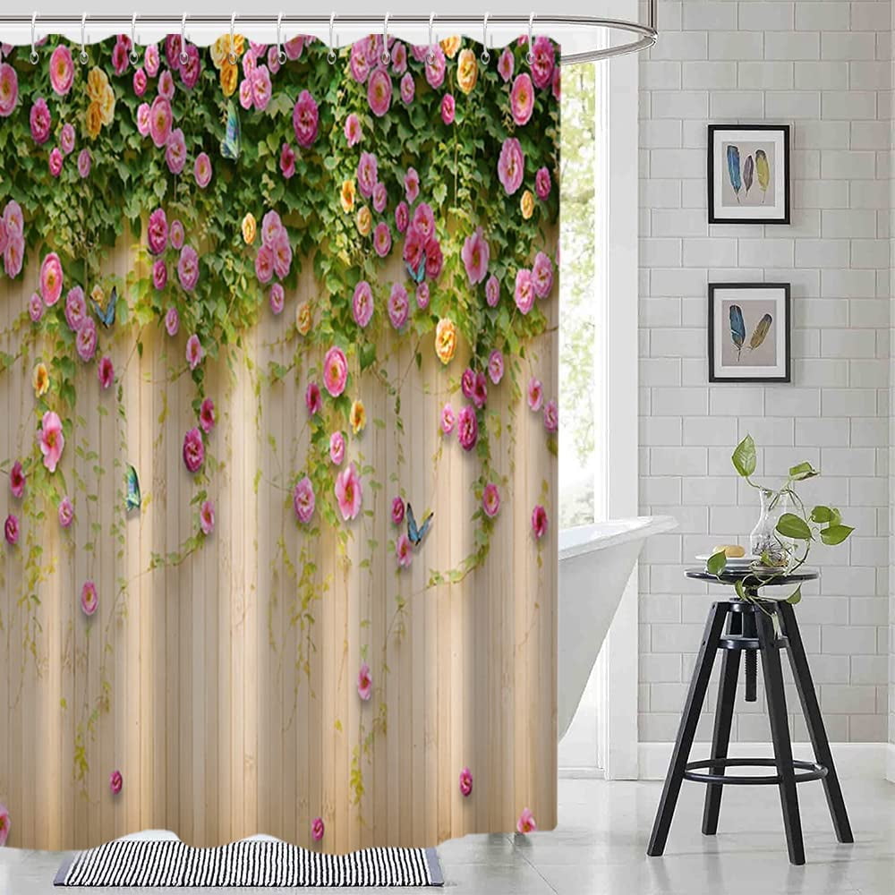 Floral Shower Curtain, Spring Pink Flowers Botanical Fabric Shower ...