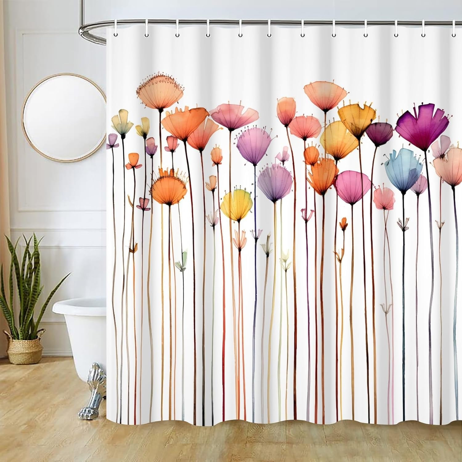 Floral Shower Curtain, Watercolor Pink Purple Orange Flower Shower ...