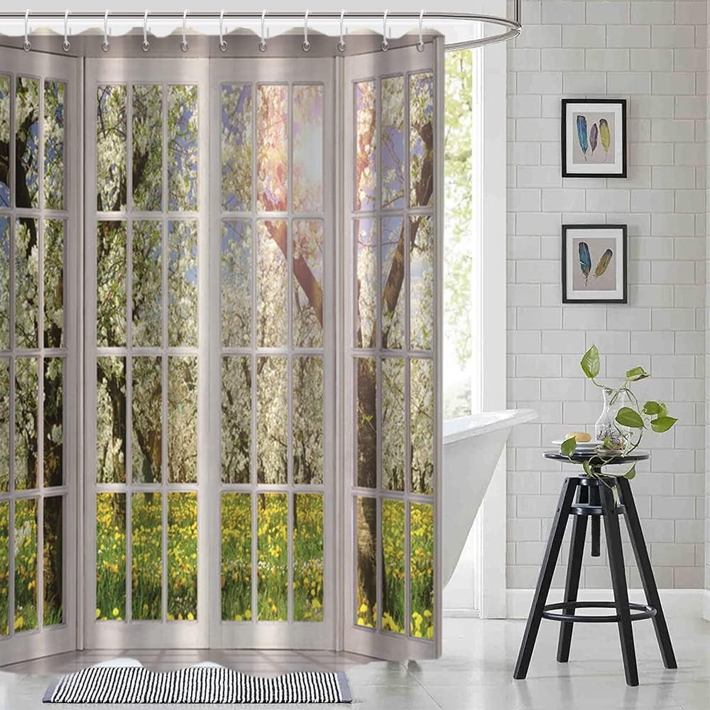 Floral Shower Curtain, Window View of Spring Flower Shower Curtain Set ...