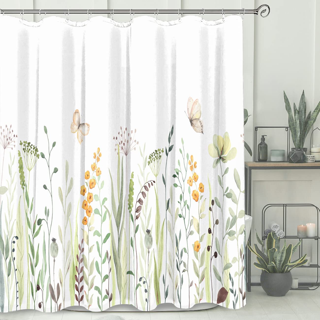 Floral Shower Curtain, Yellow Flower Green Leaves with Butterflies Shower Curtain, Waterproof ...