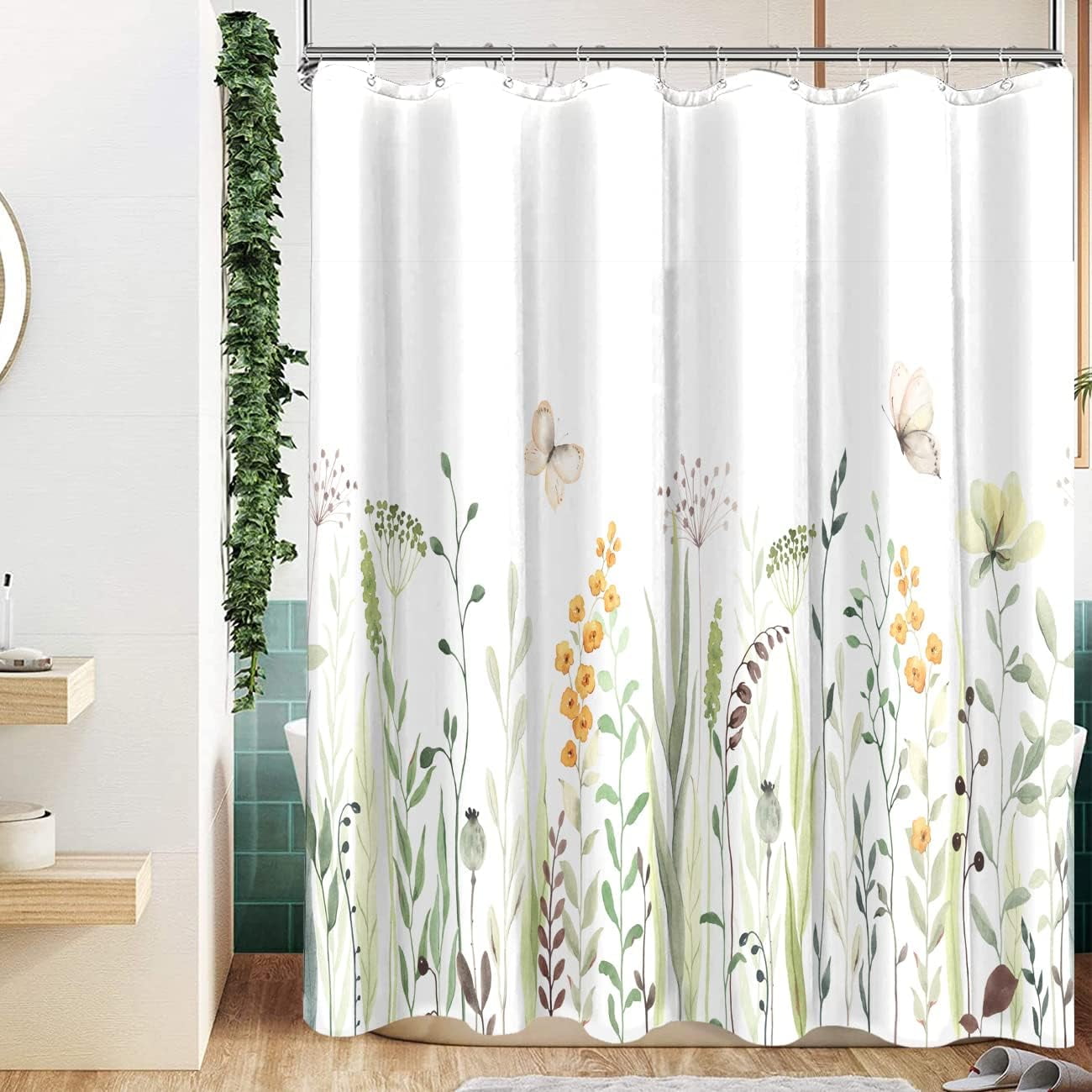 Floral Shower Curtain, Yellow Flower Green Leaves with Butterflies Shower Curtain, Waterproof ...
