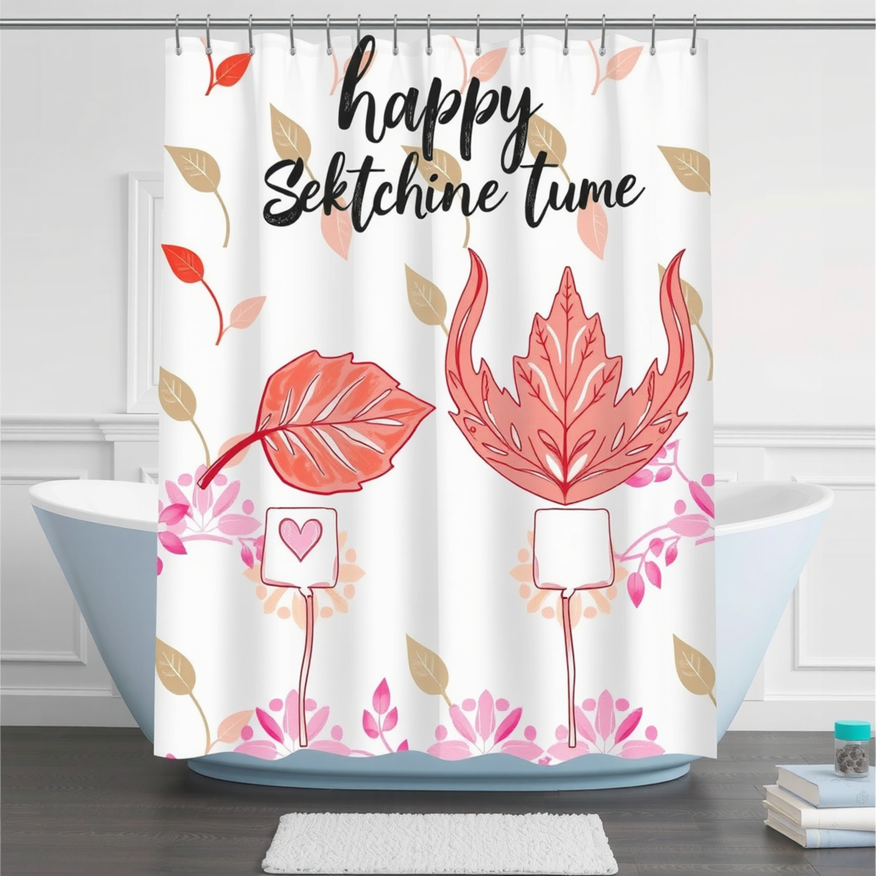 Floral Shower Curtain with 'Happy Sektchine Tume' Text - White Pink ...