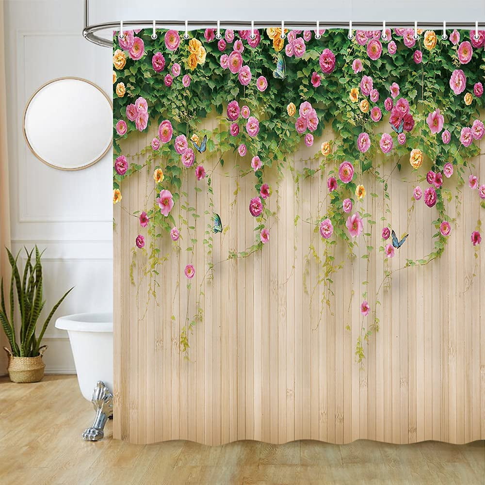 Floral Shower Curtains 3D Rosemary Flower with Butterfly on Rustic ...