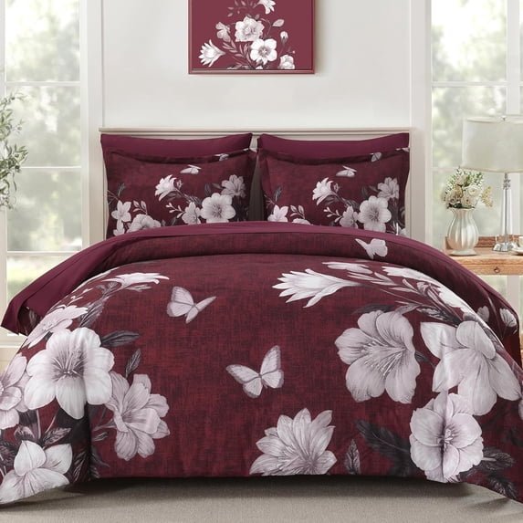 Floral Size Comforter Set, 7 count Burgundy Bed in a Bag, Elegant ...