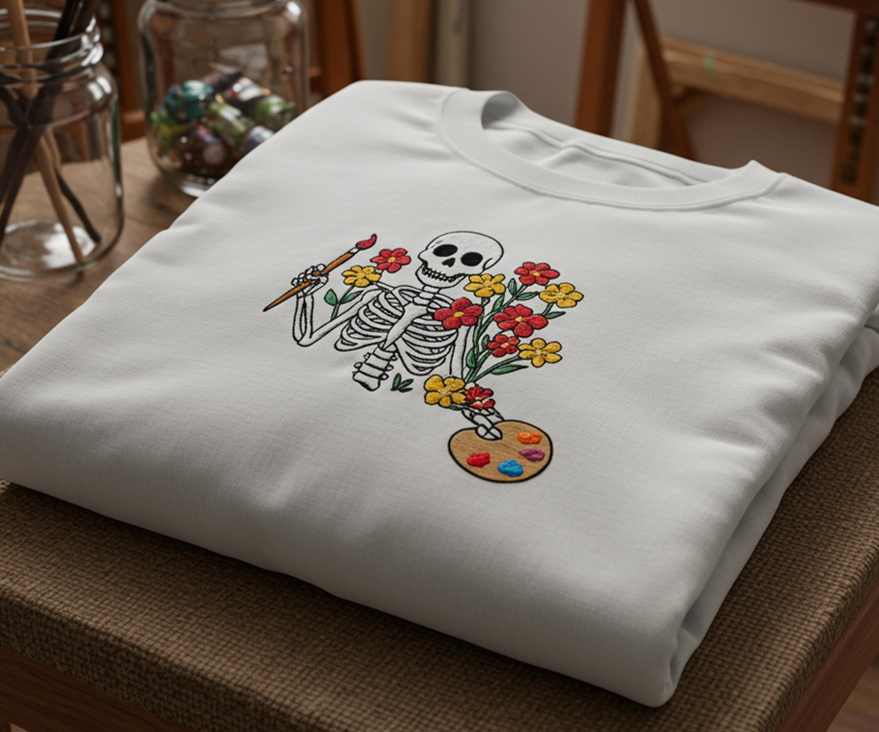 Floral Skeleton Artist Embroidered Shirt, Gothic Botanical Skeleton ...