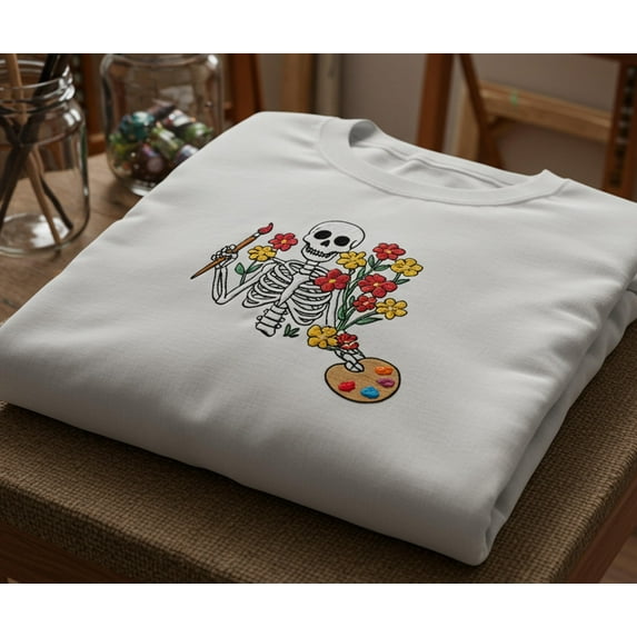 Floral Skeleton Artist Embroidered Shirt, Gothic Botanical Skeleton ...