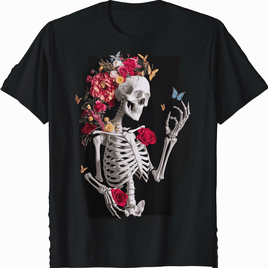Floral Skeleton Rib Cage with Roses and Butterfly Halloween Tee ...