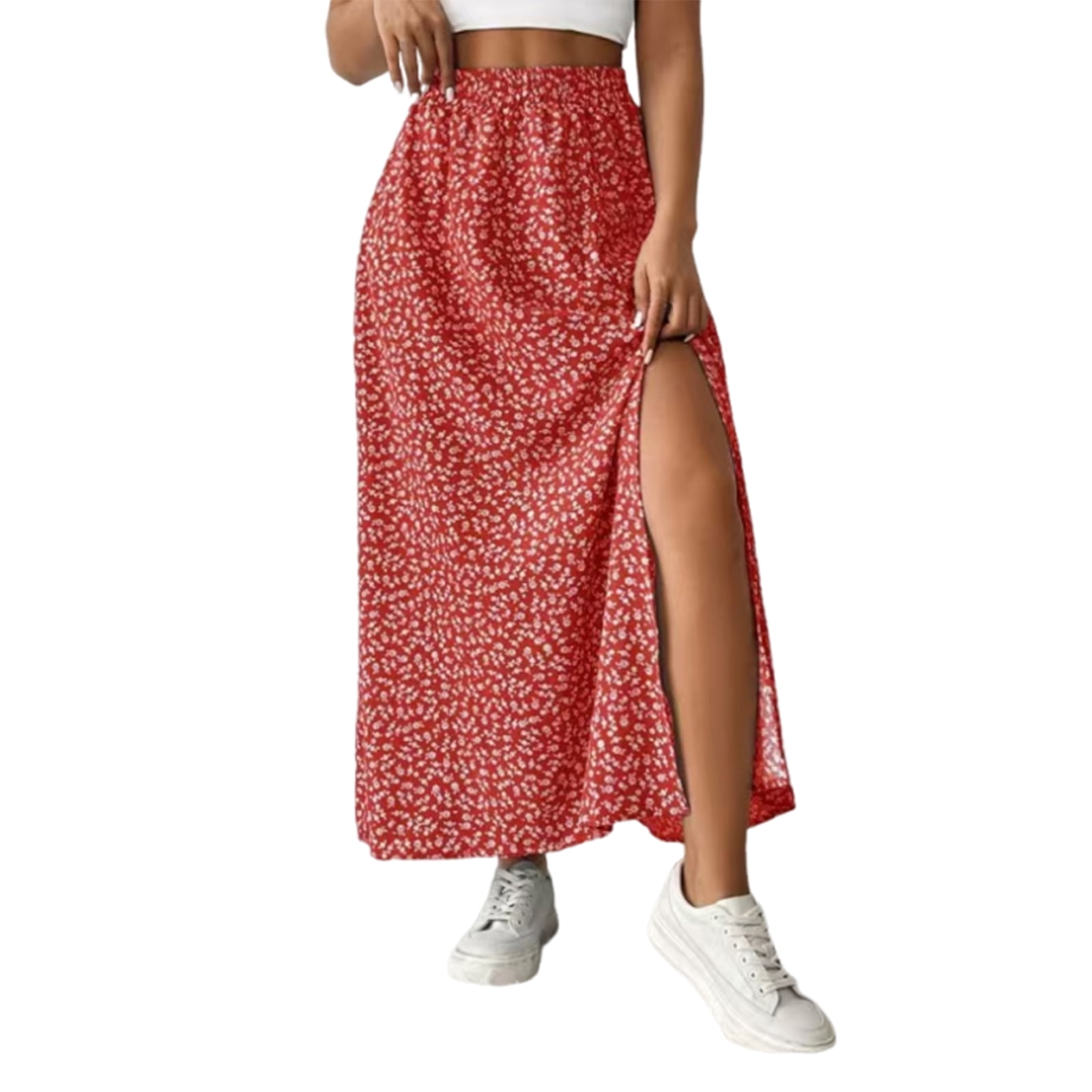 Floral Skirts for Women High Waist Summer Beach A Line Split Thigh Long ...
