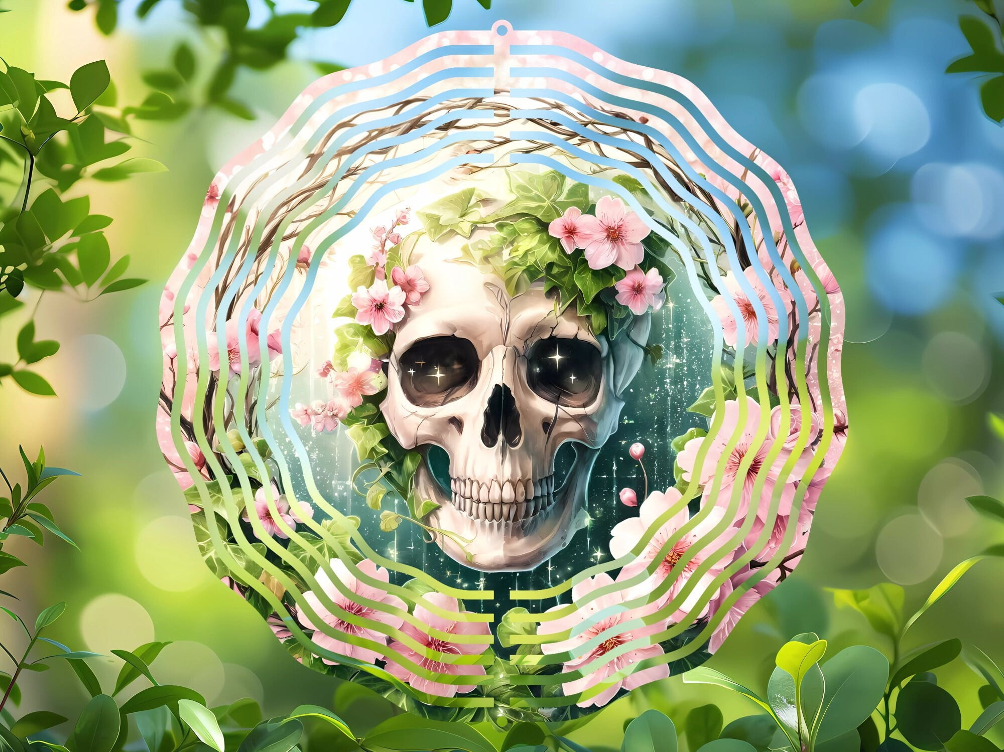 Floral Skull 3D Wind Spinner Metal Kinetic Gothic Garden Hanging Decor ...