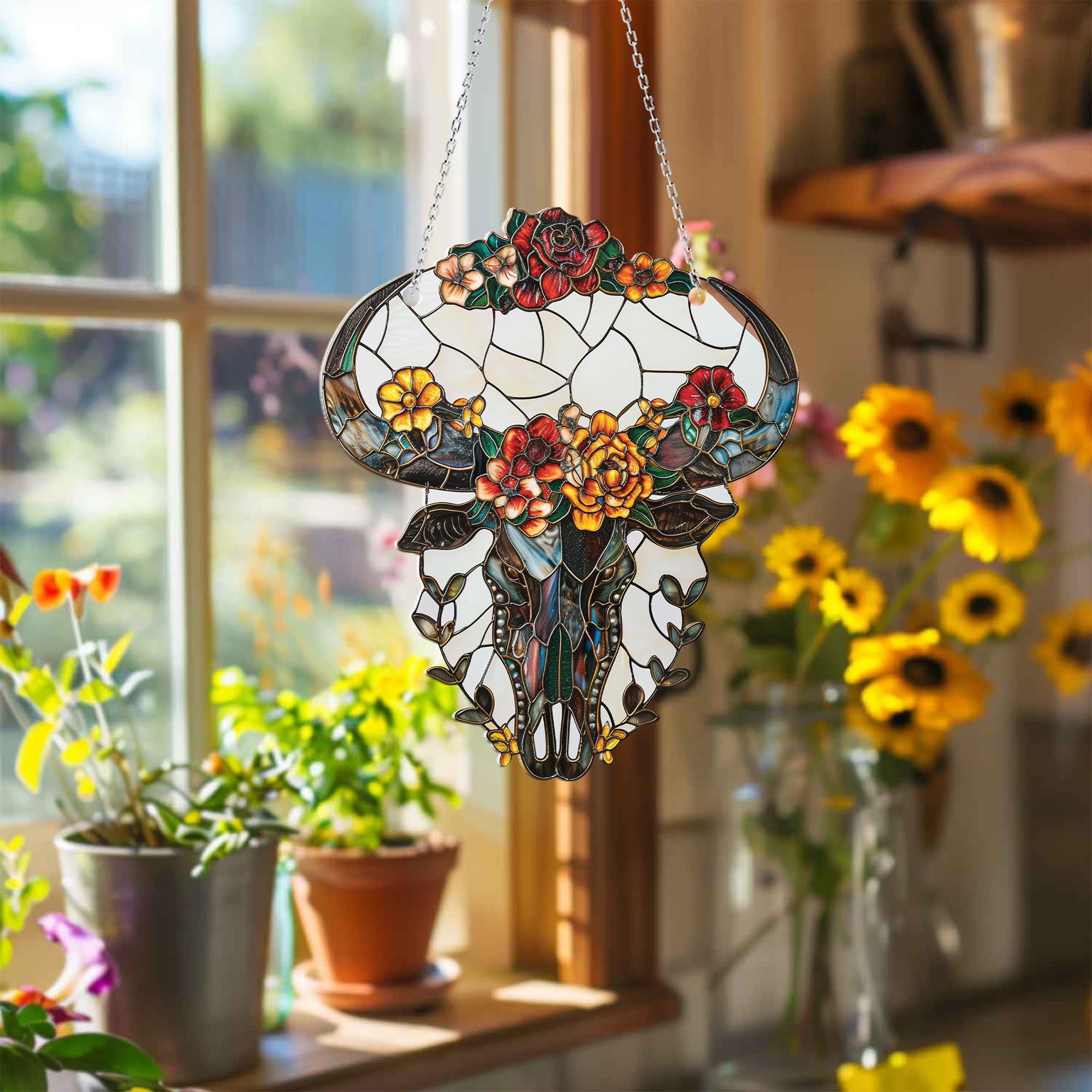 Floral Skull Acrylic Window Hanging - Stained Glass Style, A Bold and ...