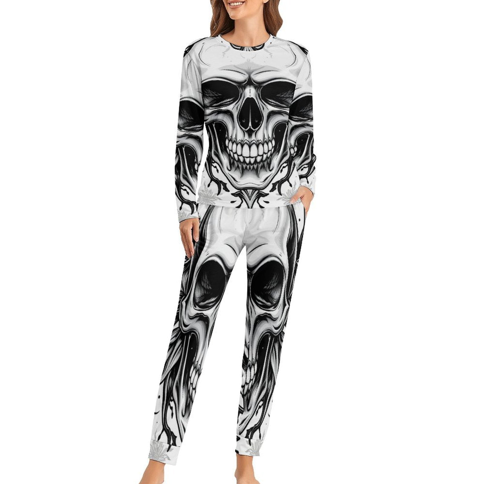Floral Skull Artistic Design Pajamas 2 Pieces Pajama Sets Woman Long ...