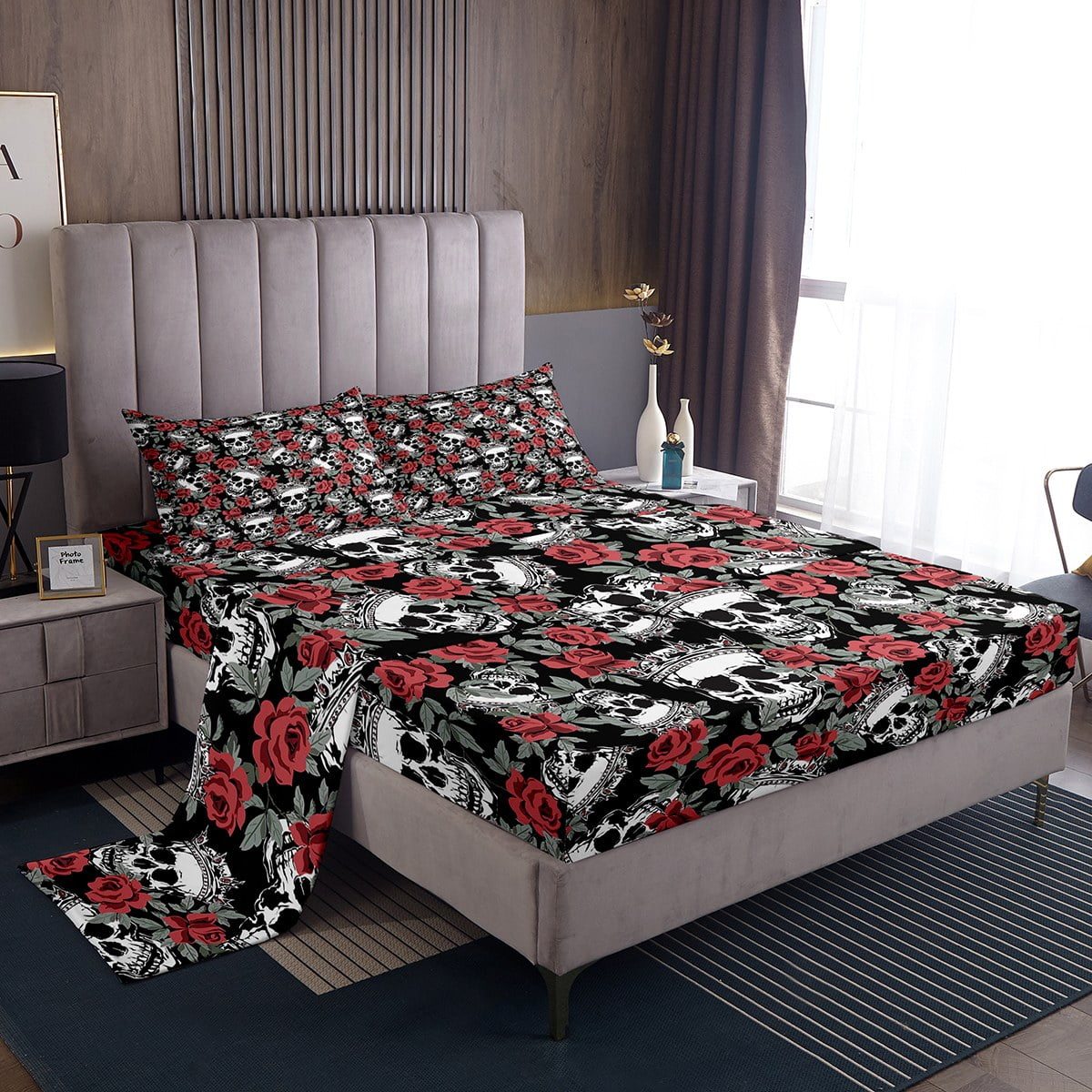 Floral Skull Bedroom Comforter Set, Twin Skeleton Bones Sheets Kids Red ...