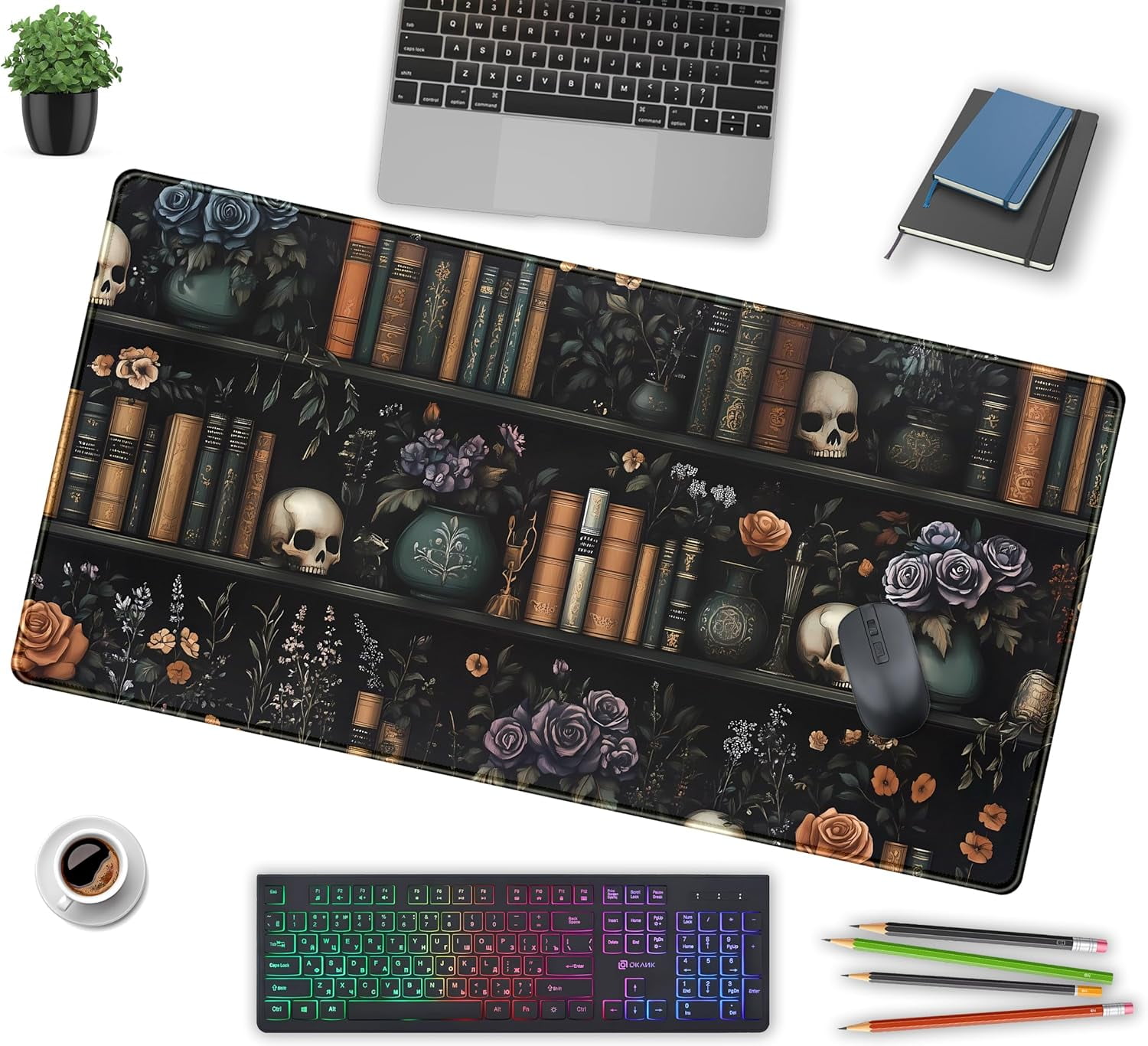 Floral Skull Desk Mat XXL Large Gaming Mouse Pad Dark Academia Gothic ...