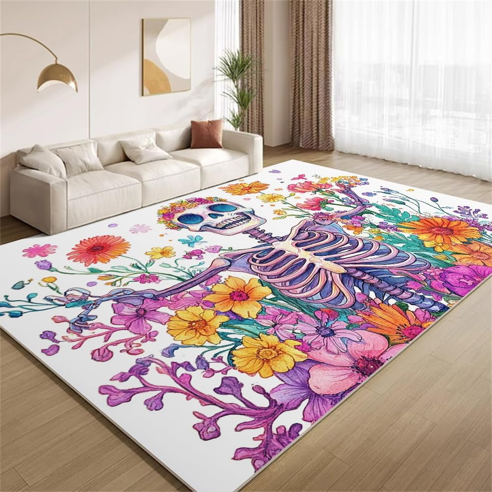 Floral Skull Rug 5x7ft Area Rugs Cartoon Colorful Skeleton Rugs Soft ...