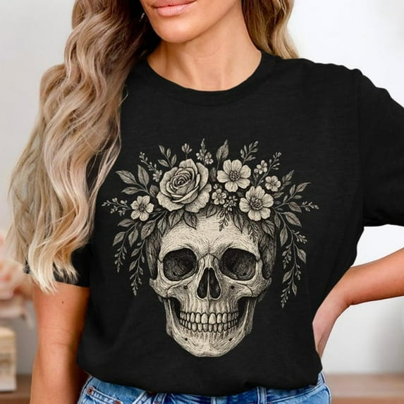 Floral Skull S1Hirt, Gothic Flower Skull T1EE, Vintage B1OtaniC1Al ...