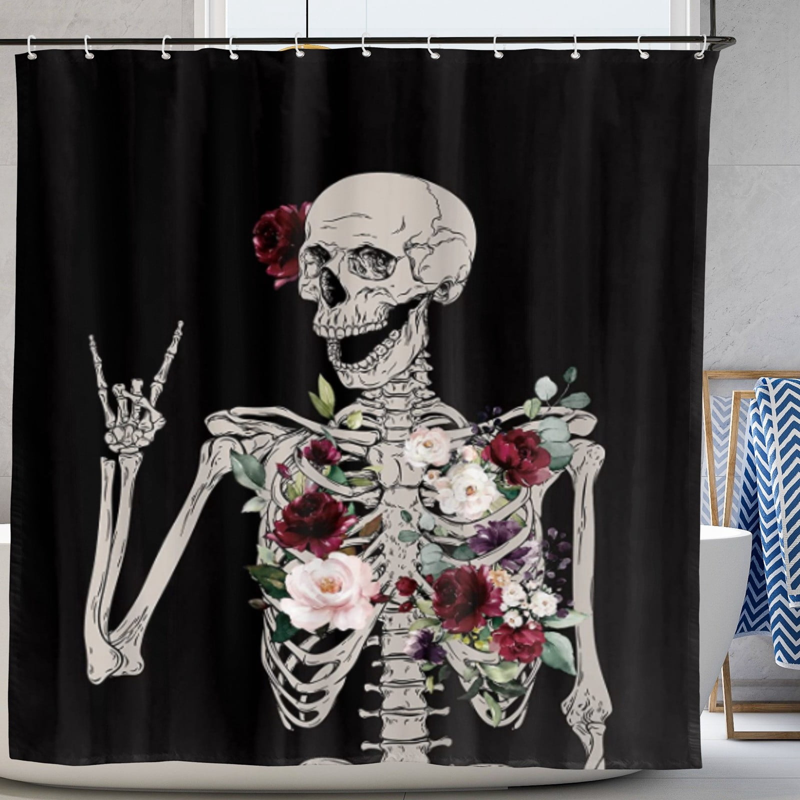 Floral Skull Shower Curtain Skull Skeleton Horror Art Home Decor ...