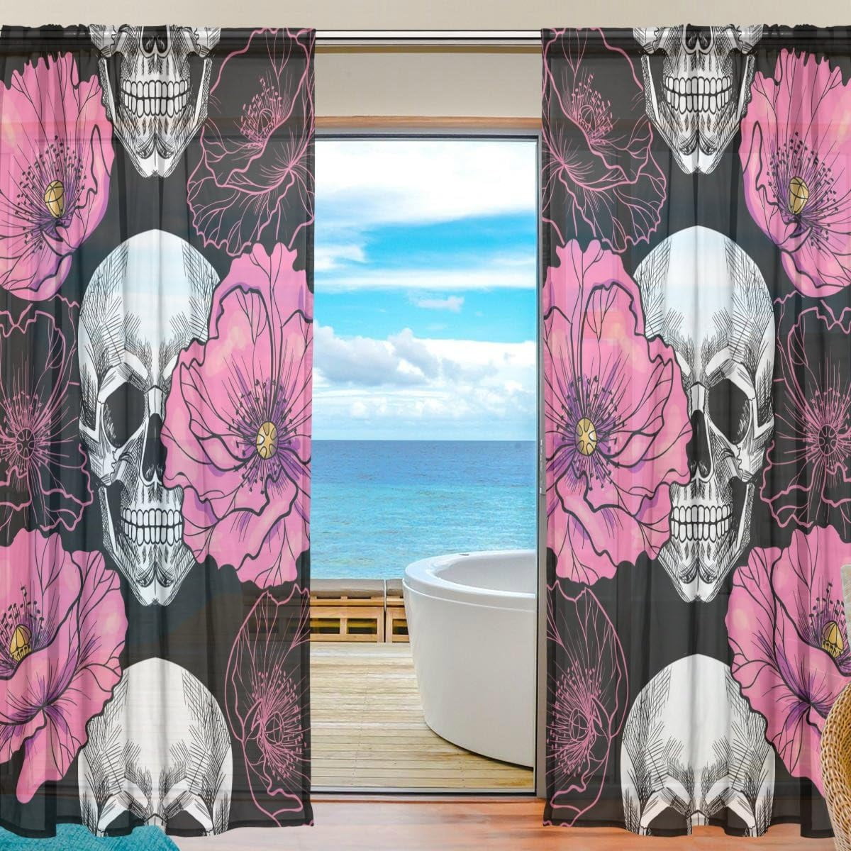 Floral Skull and Pink Poppies Semi Sheer Curtains, 84"x55" Window Voile ...