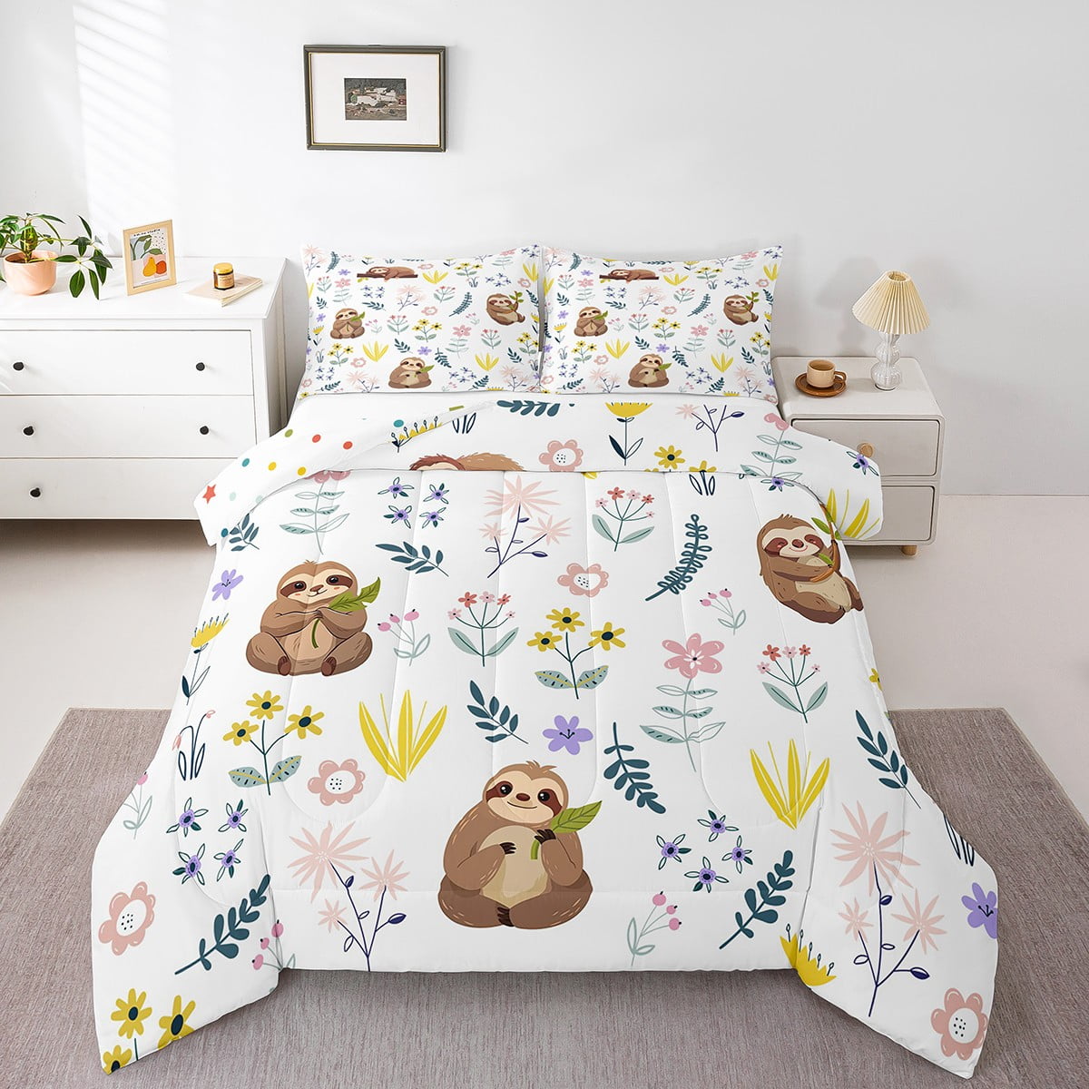Floral Sloth Comforter Sets Full,Cartoon Animal Bedding Set,Blossom ...