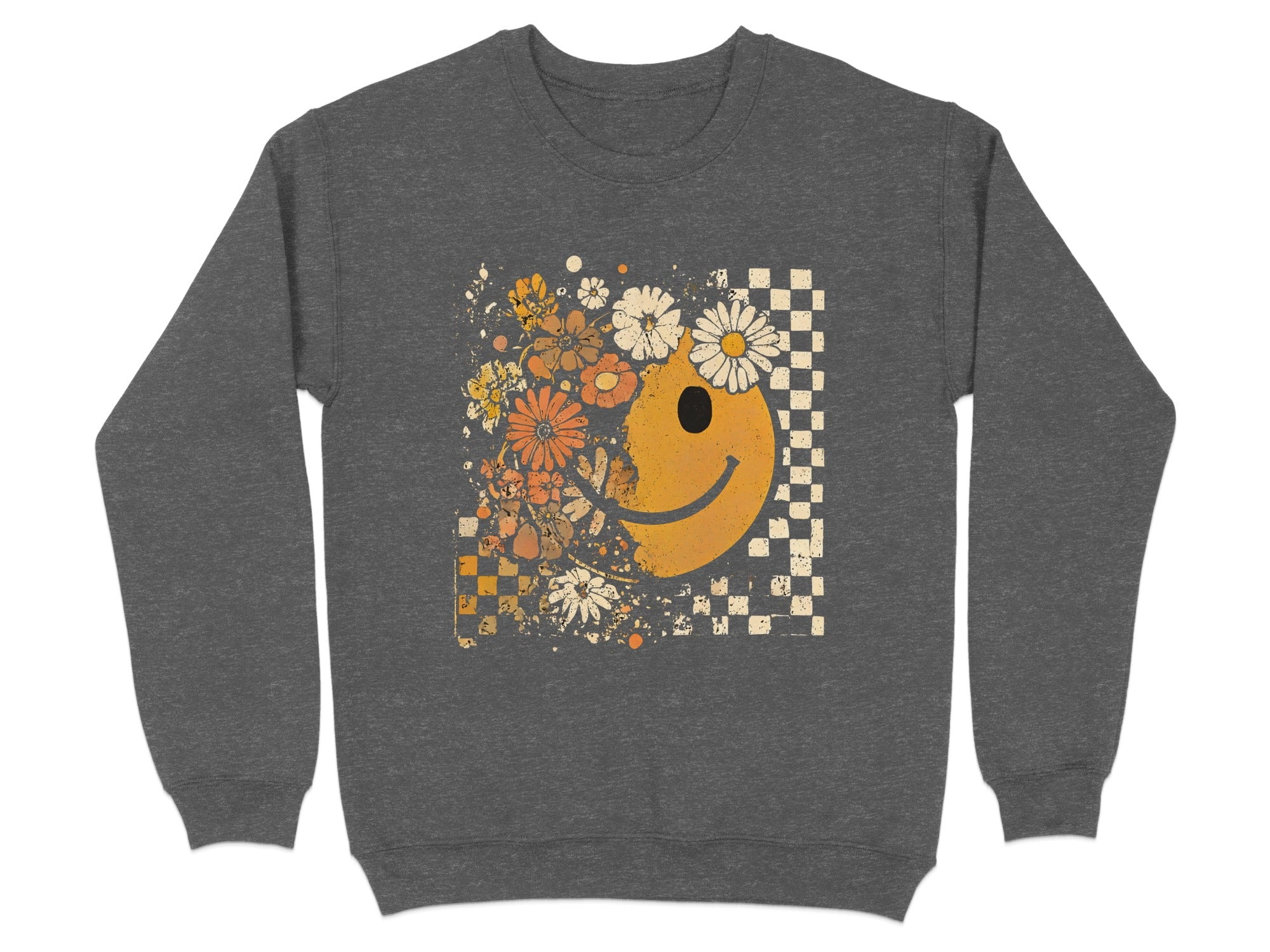 Floral Smiley Face With Checkered Pattern Trendy Sweatshirt (S ...