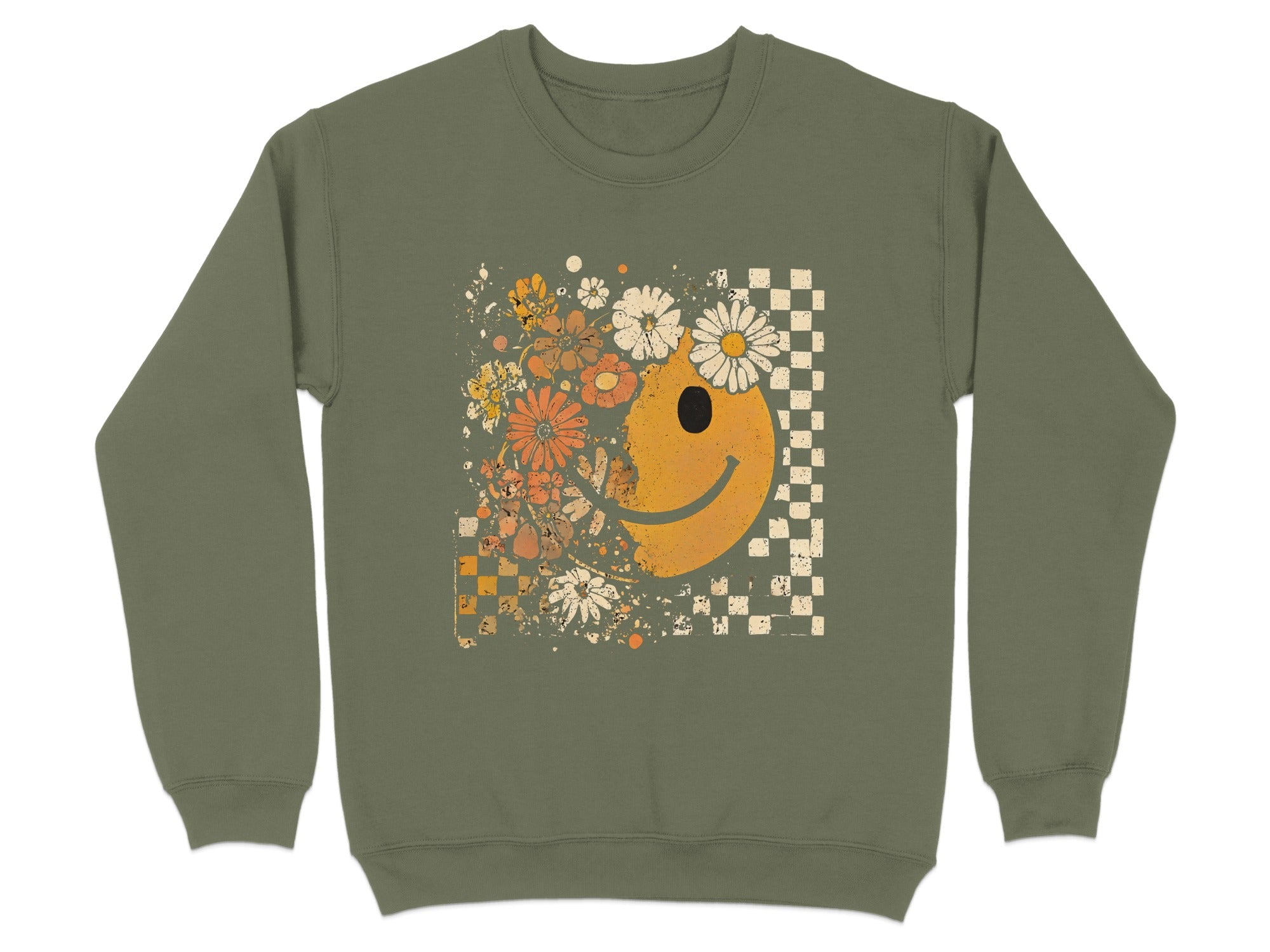 Floral Smiley Face With Checkered Pattern Trendy Sweatshirt (S ...