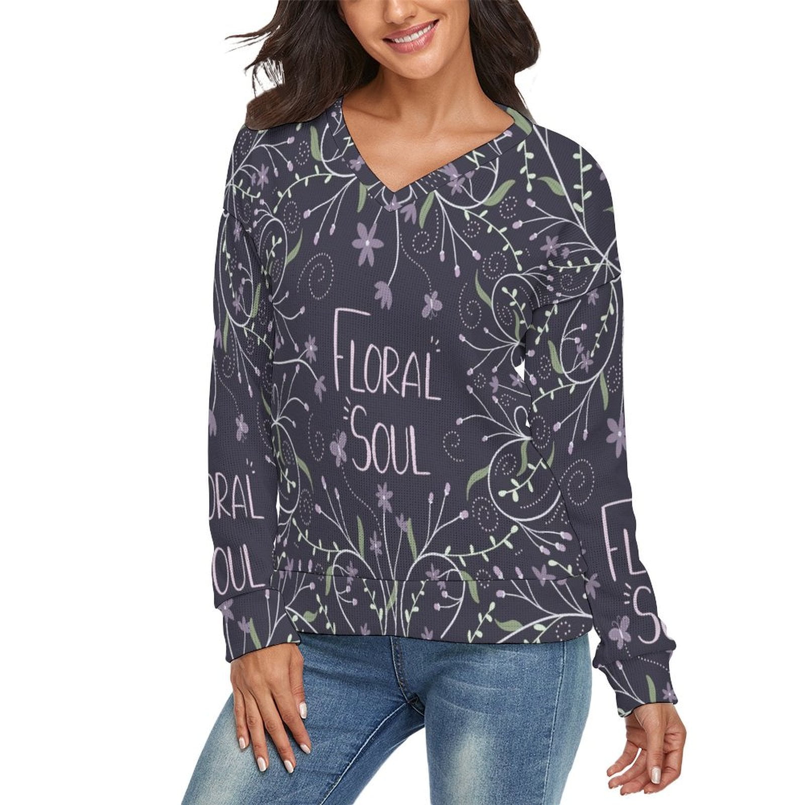Floral Soul V-neck Sweater Winter Clothes Long Sleeve Knitwear Sweater ...