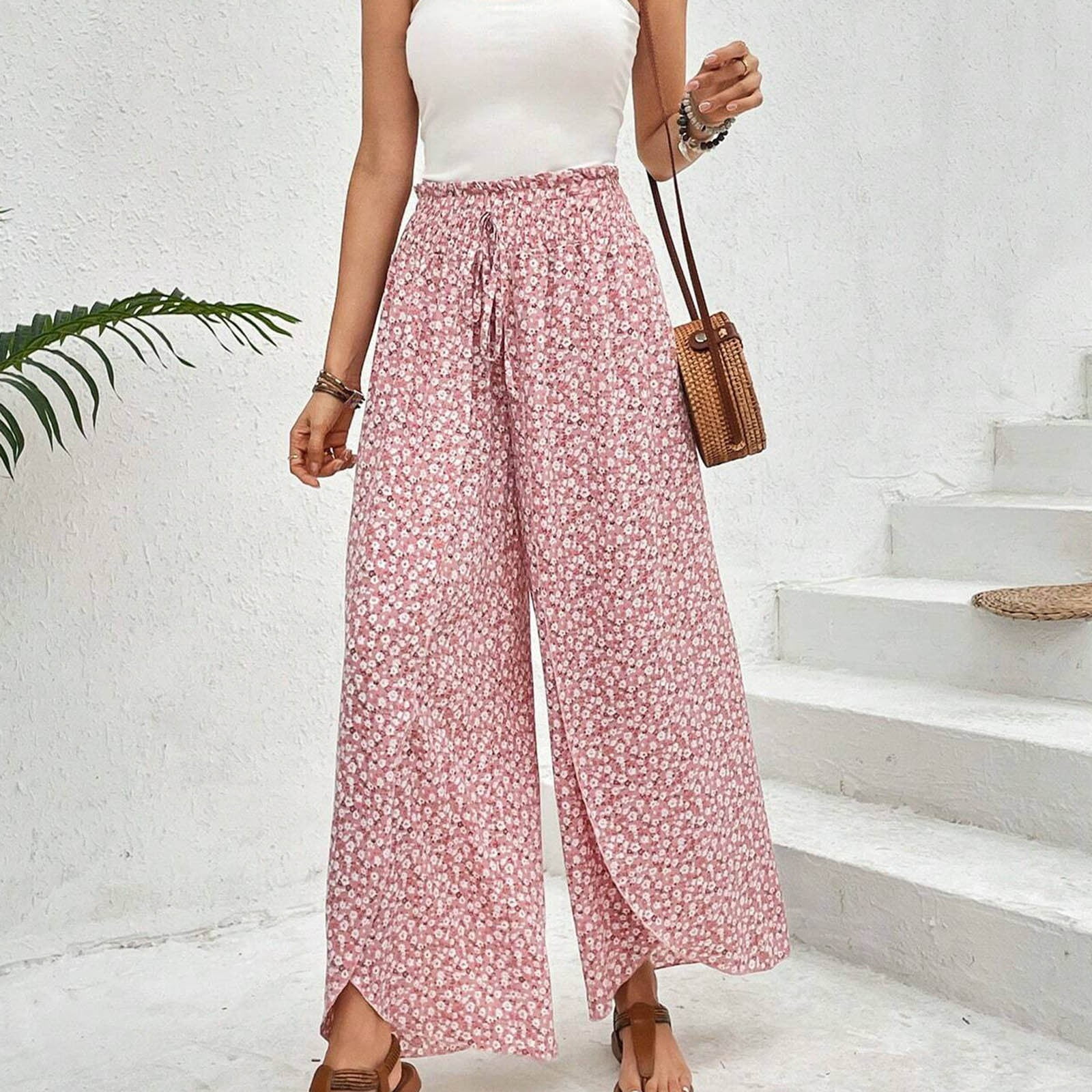 Floral Split Flowy Pants for Women Tulip Pants High Rise Elastic Waisted Wide Leg Summer Swing ...