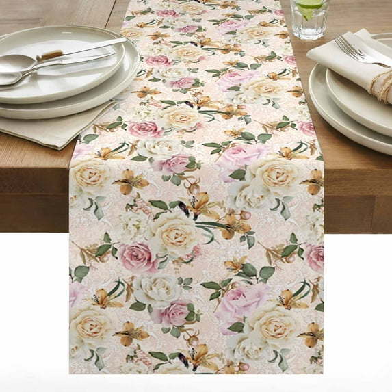 Floral Spring Table Runner 13x108 inch Flower Retro Texture Cotton ...