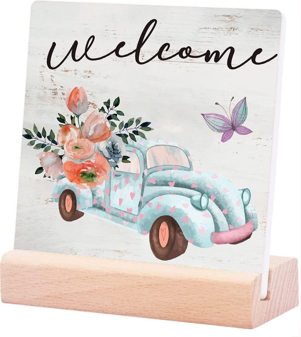 Floral Spring Welcome Ceramic Table Sign Plaque Home Decor Rustic ...