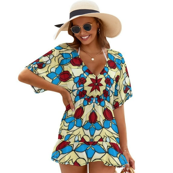 Floral Stained Glass Mandala Design Beach Cover Ups Women V Neck Short ...